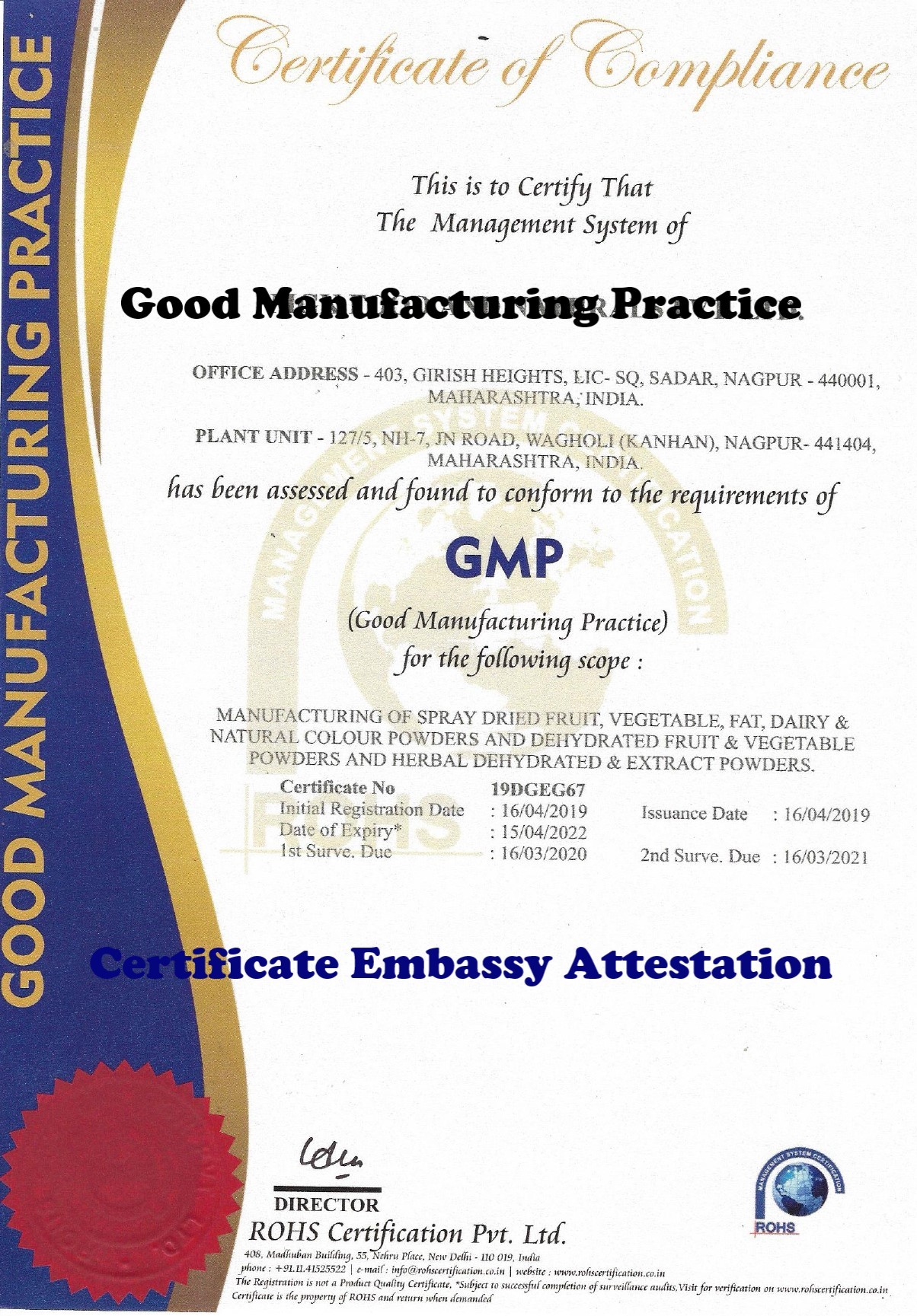Good Manufacturing Practice/GMP Certificate Attestation from Comoros ...